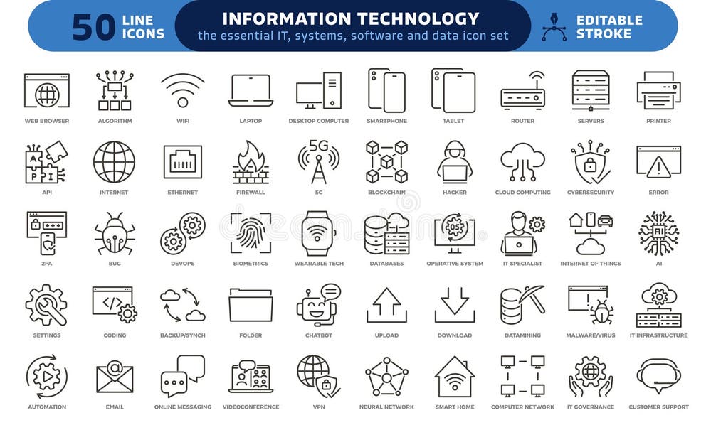 Information Technology Icon Set. Thin Line Editable Stroke Icons for it ...