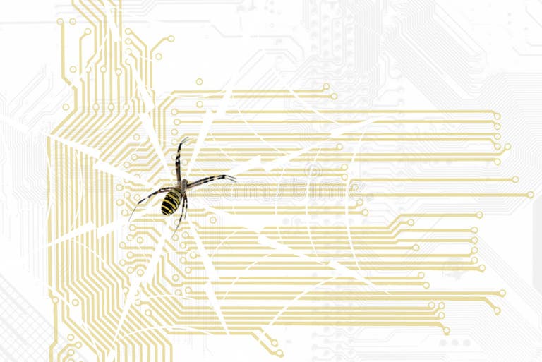 Information Technology Motherboard Conceptual Silhouette Pattern with Spider Web and Wasp Spider ...