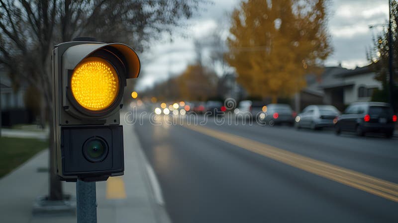 Close-Up View of a Yellow Traffic Light at an Intersection with Cars in ...