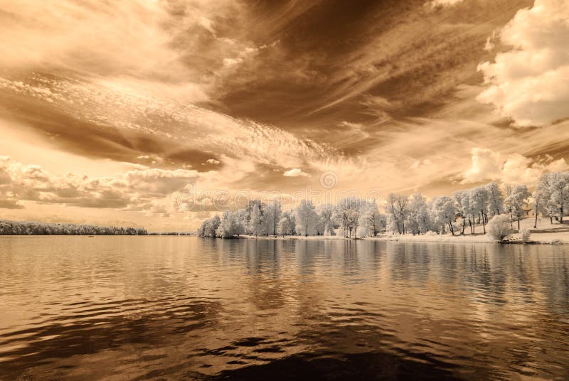 Infrared Camera Image. Reflections in Water Stock Photo - Image of lake ...