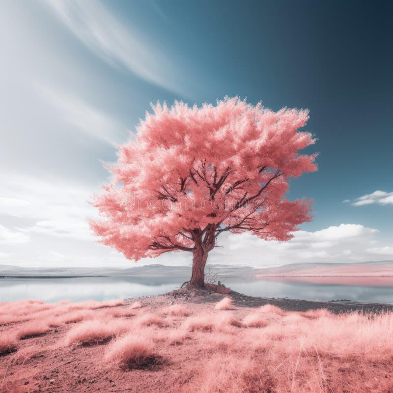 An Infrared Image of a Pink Tree in the Middle of a Field Stock ...
