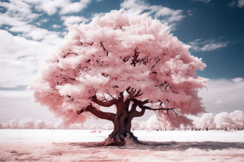 An Infrared Image of a Pink Tree in the Snow Stock Illustration ...