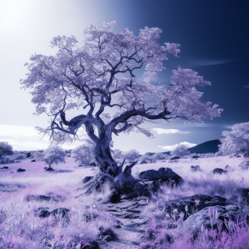 An Infrared Image of a Tree in the Middle of a Field Stock Illustration ...