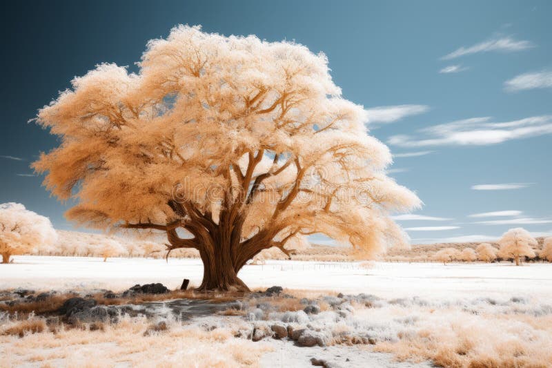 An Infrared Image of a Tree in the Middle of a Field Stock Illustration ...