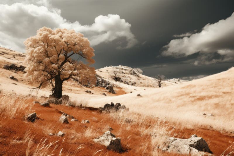 An Infrared Image of a Tree in the Middle of a Field Stock Illustration ...