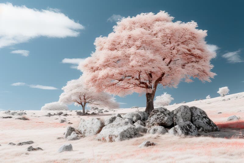 An Infrared Image of a Tree in the Middle of a Field Stock Illustration ...
