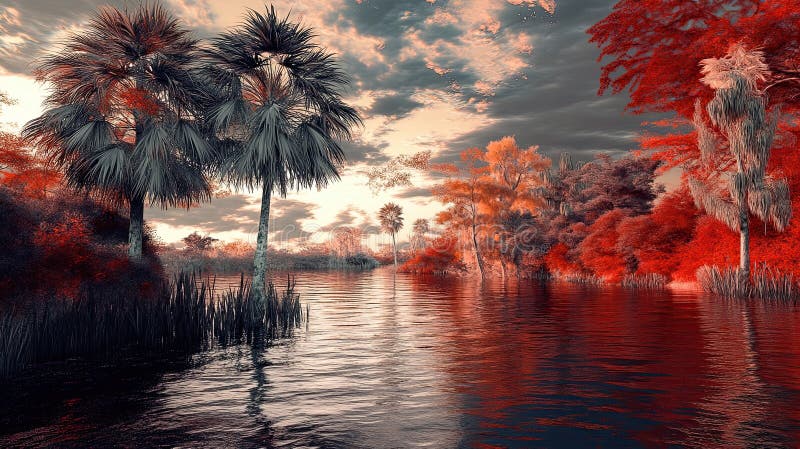 Infrared Landscape, River, Palm Trees, Red Foliage Stock Illustration ...