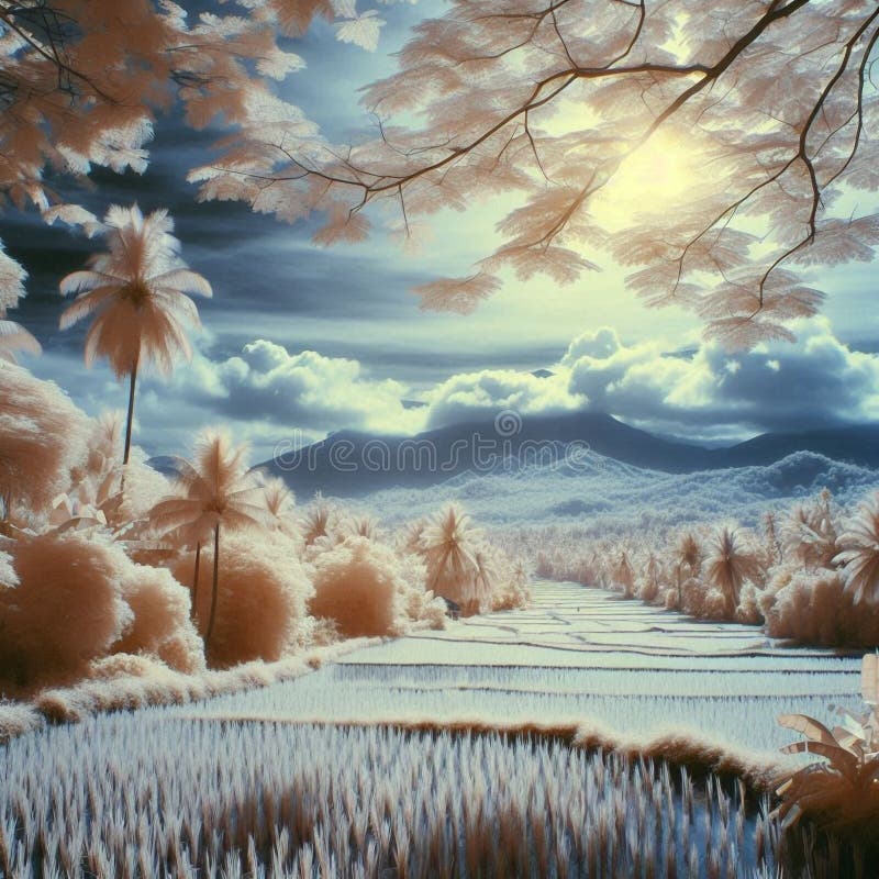 Infrared Monochrome Image of White Foliage Overlooking a Peaceful Paddy ...