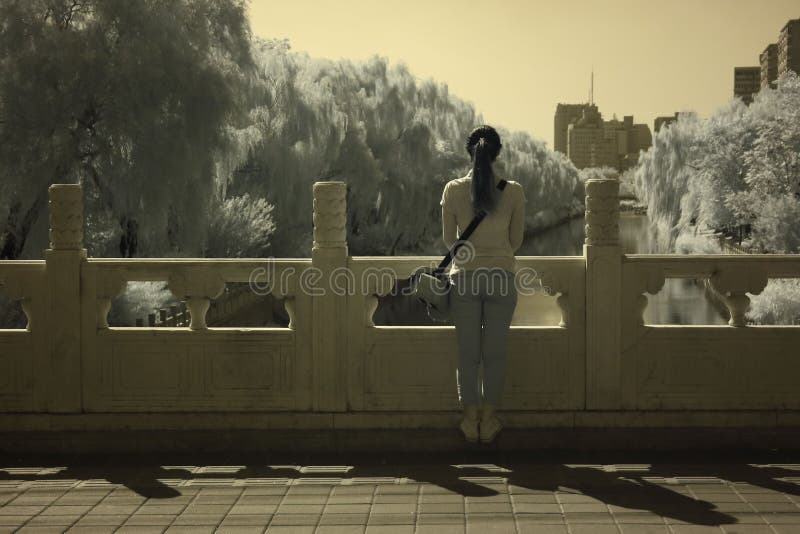 Infrared Photo Female Standing on the Bridge Editorial Stock Image ...