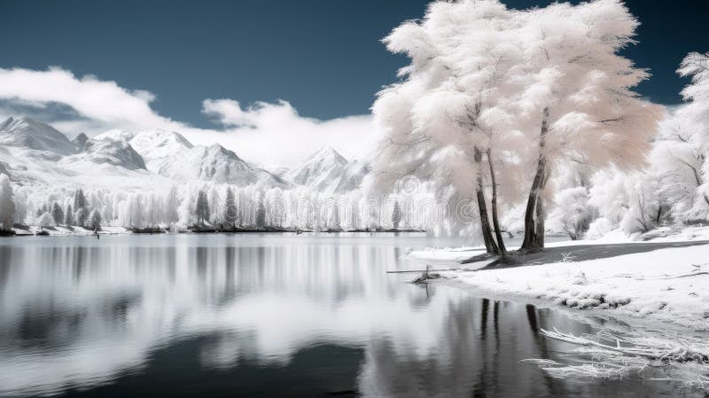 Infrared Style Lake Landscape with White Trees and Mountains in Black ...