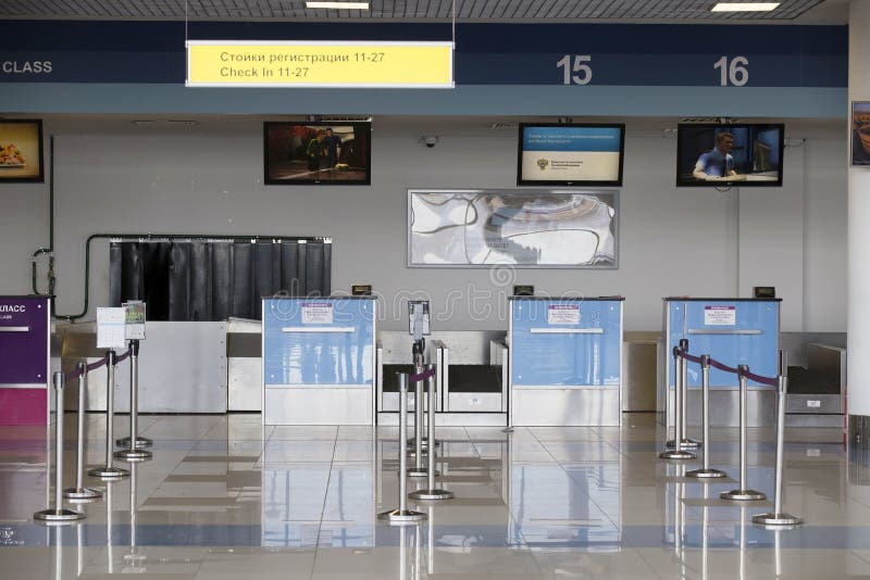 Infrastructure at the Airport. Empty Check-in Counters in a Small ...