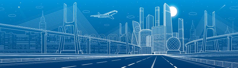 Infrastructure City Panorama. Large Cable-stayed Bridge. Airplane Fly ...