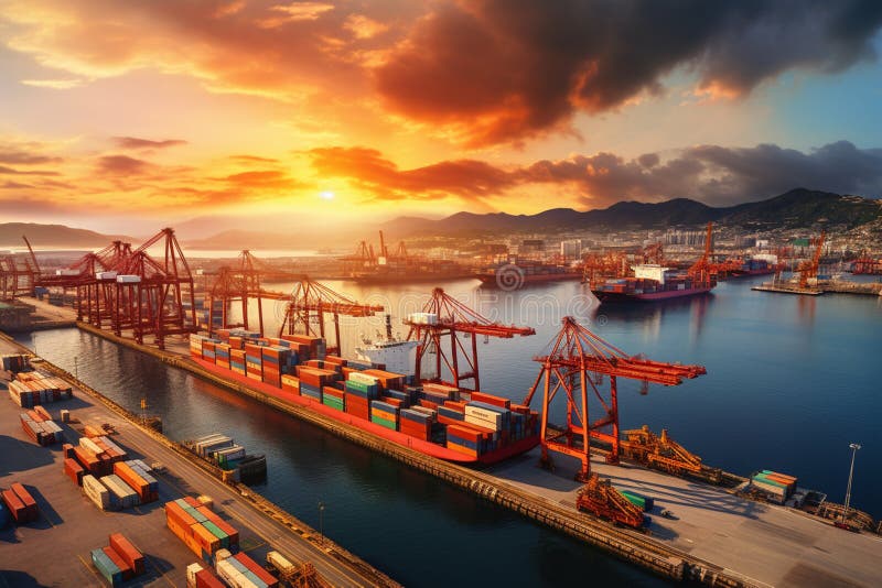 The Infrastructure of a Modern Port, Including Docks, Ships, Cranes ...