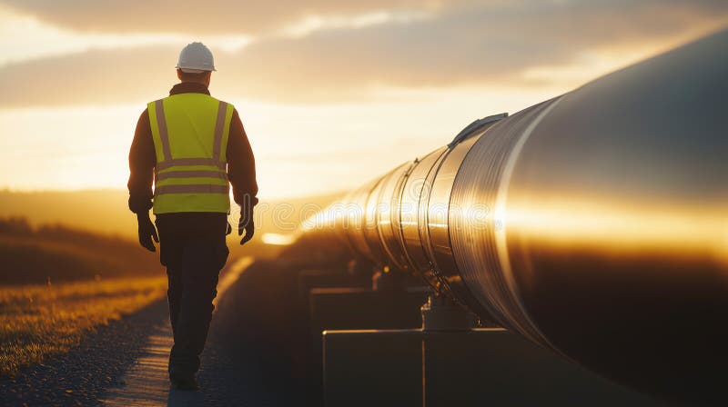 Infrastructure Worker Walking Along a Pipeline at Sunset. Oil and Gas ...