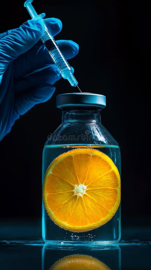 The Infusion of a Syringe into a Vial with an Orange Slice is Performed ...