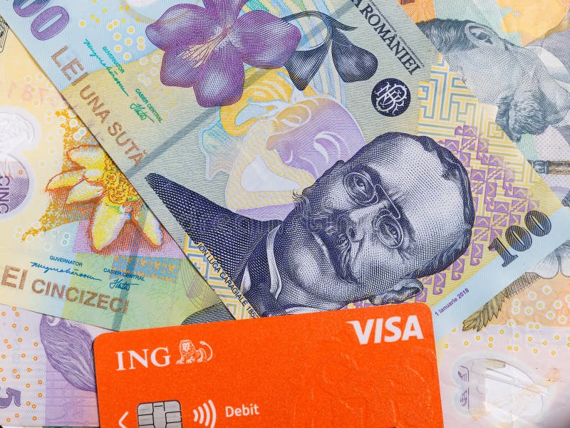 ING Debit Card and Many Romanian Banknotes on Black Background ...