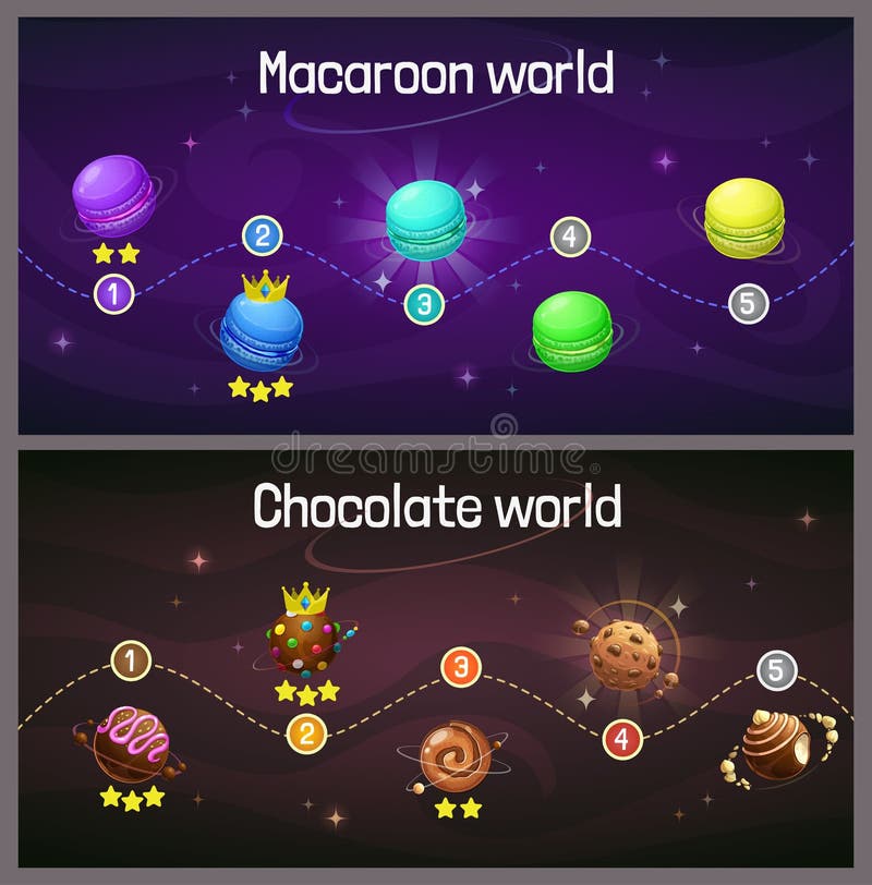 Ingame Level Up Progress Screen. Cosmic Map with Macaroon and Candy ...