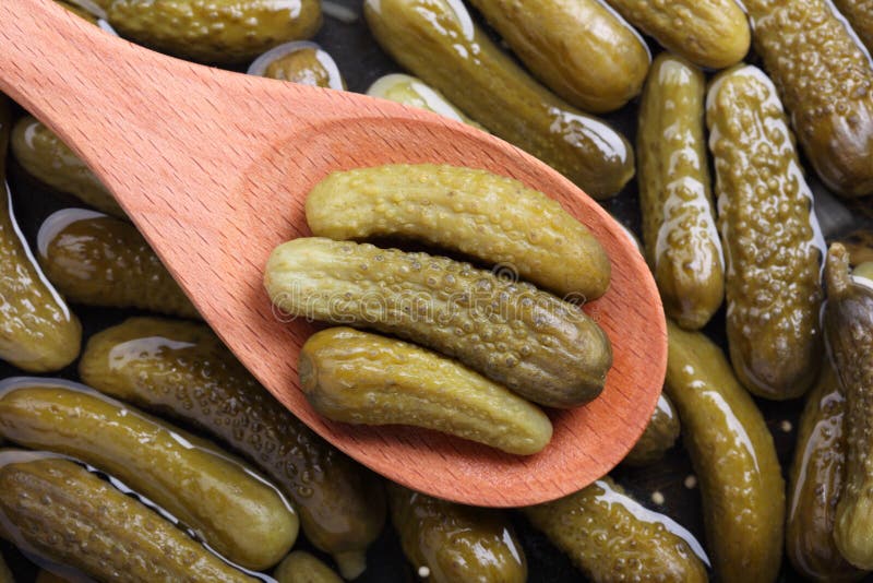 Ingelegde Augurken in Een Houten Lepel Stock Foto - Image of komkommer ...