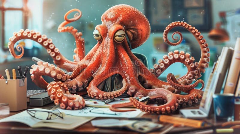 Ingenious Octopus Clad in Office Attire Radiating Joy while Efficiently ...