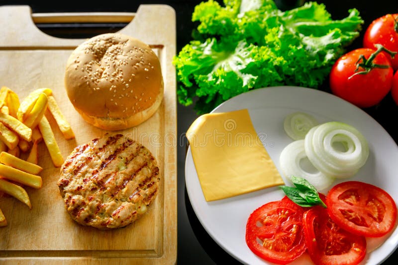 Ingredient Preparation To Cook Burger Stock Photo - Image of onion ...