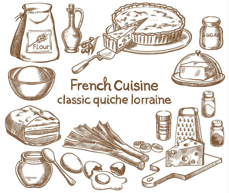 Ingredientes Quiche Dibujado a Mano Concepto De Doodle De Dibujos Stock ...