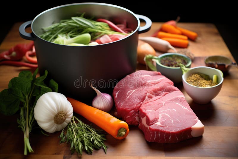 Ingredients Around Pot of Beef Stew: Raw Meat, Veggies, Herbs Stock ...