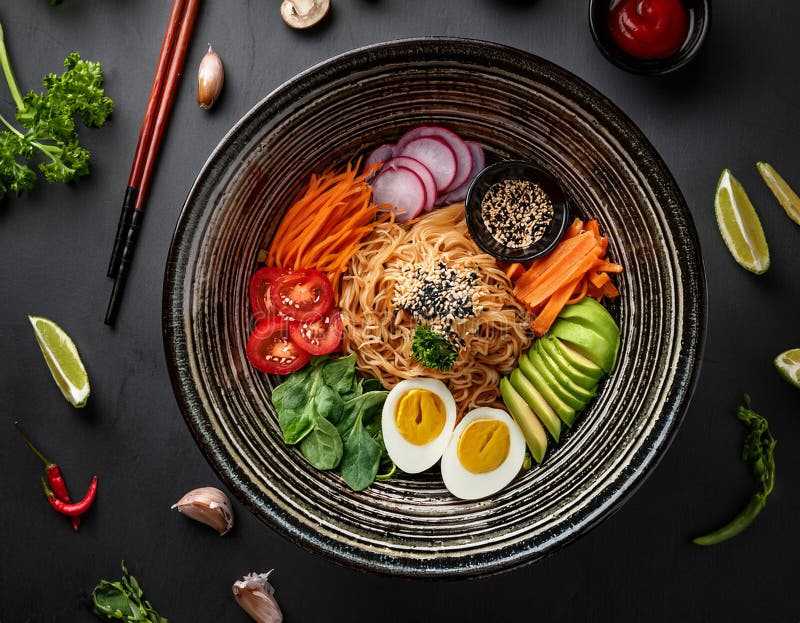 Ingredients Arranged Around a Premium Noodle Bowl for Visual Appeal ...