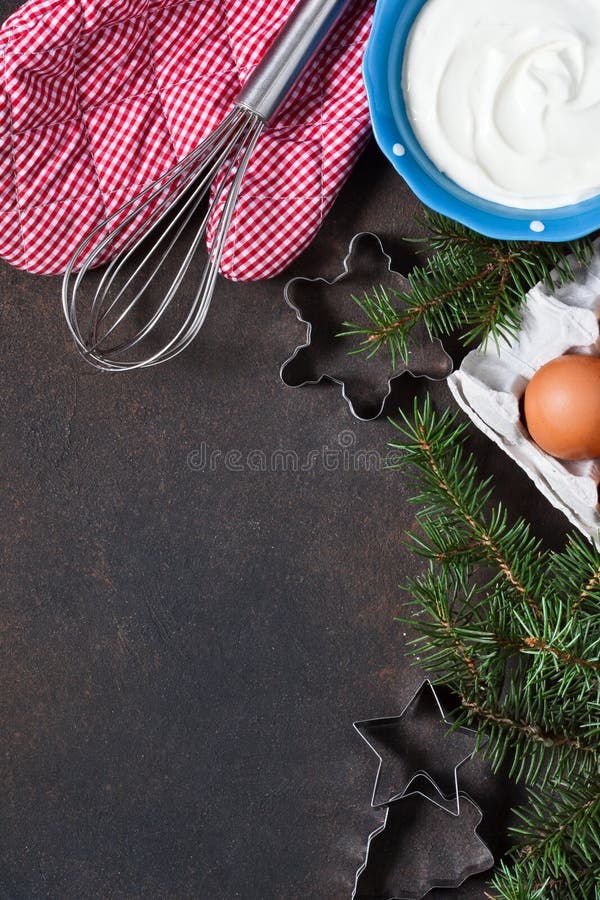 Ingredients for Baking. Christmas Card with Decorations on Concrete ...