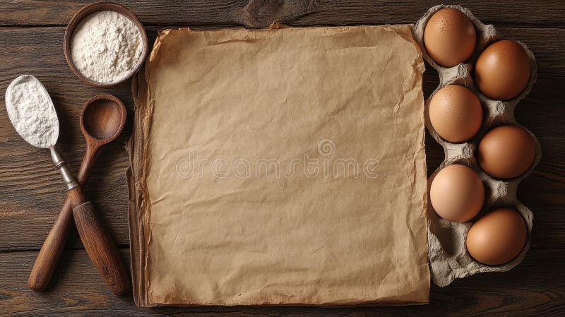Ingredients for Baking with Eggs, Flour, and a Blank Paper for a Recipe ...