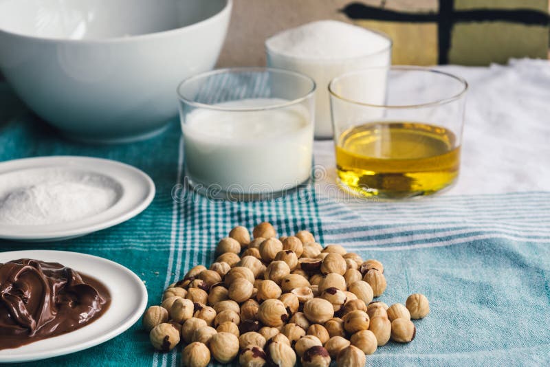 Ingredients for Baking Sweet Cake with Chocolate and Hazelnuts Stock ...