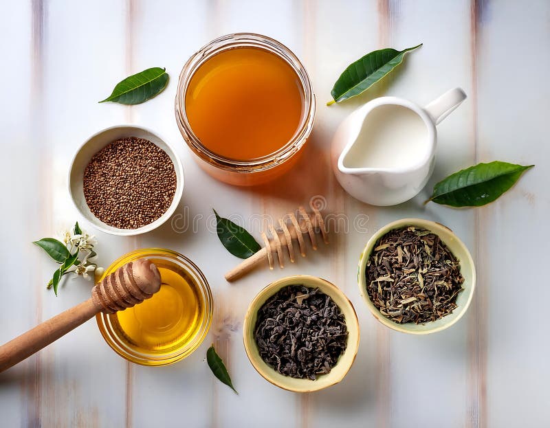 Ingredients for a Beverage, Including Milk, Tea Leaves, and Honey Stock ...