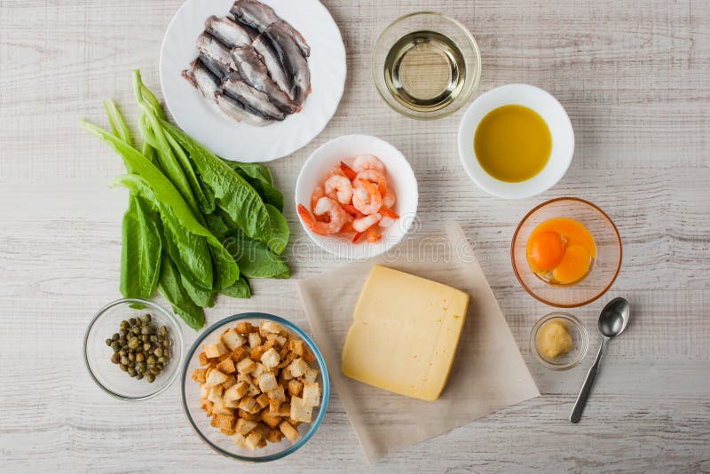 Ingredients for Caesar Salad with Shrimp and Parmesan Stock Photo ...