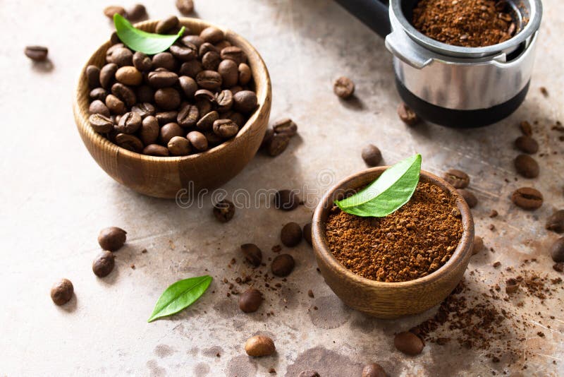 Ingredients for a Coffee Machine. Coffee Beans and Ground Powder Stock ...
