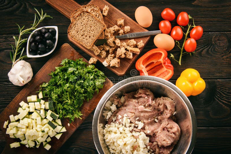 Ingredients for Cooking of Meatloaf, Greek Style Kitchen. Stock Image ...