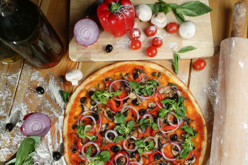 Ingredients for Cooking Pizza on Wooden Table, Top View Stock Photo ...