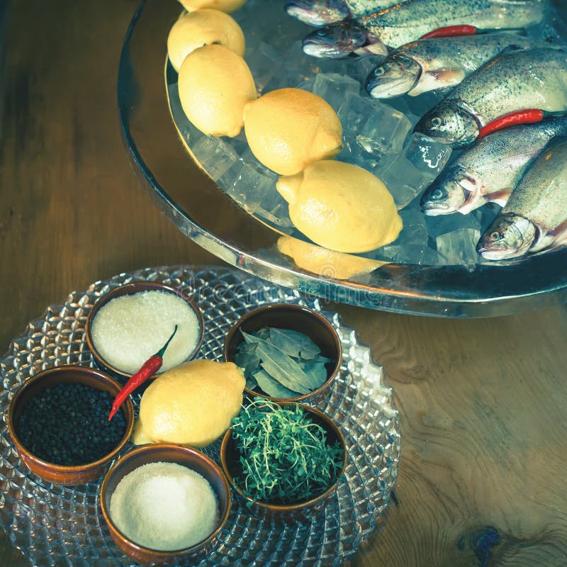 Ingredients for Cooking Trout, River Fish, with Lemon and Spices Stock ...