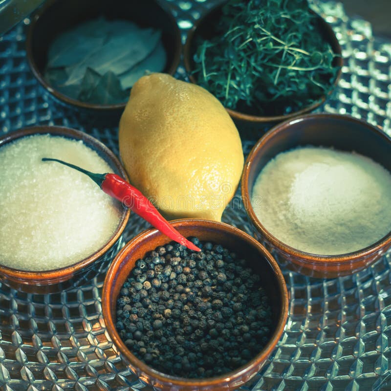 Ingredients for Cooking Trout, River Fish, with Lemon and Spices Stock ...