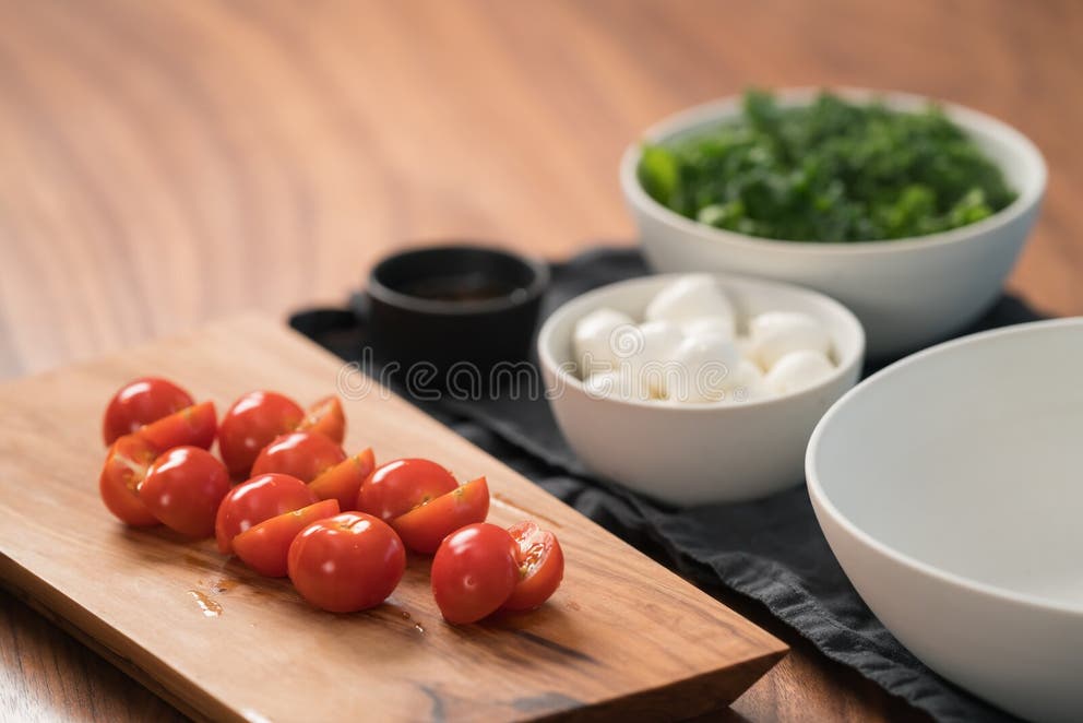 Ingredients and Empty White Bowl on Walnut Table Stock Image - Image of ...