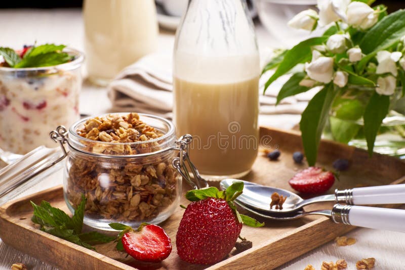 Ingredients for Fresh Summer Dessert with Yogurt and Strawberries Stock ...