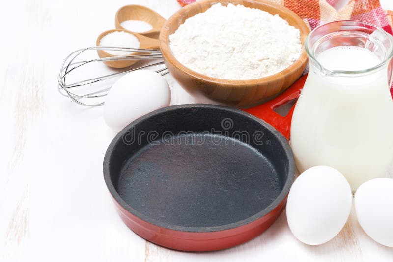 Ingredients and Frying Pan for a Batch of Pancakes, Horizontal Stock ...