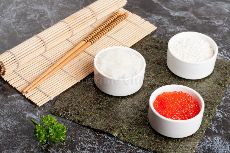 Ingredients for Japanese Sushi Stock Image - Image of plate, dark: 61947763