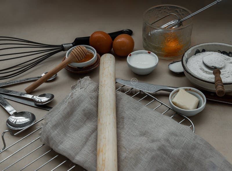 Ingredients and Kitchen Items for Baking Cakes. Flour, Eggs, Butter ...