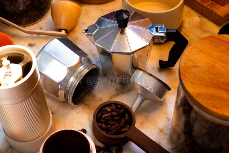 Ingredients for Making Coffee. Moka Coffee Maker, Coffee Grinder with ...