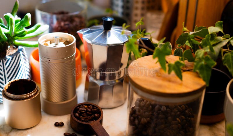 Ingredients for Making Coffee. Moka Coffee Maker, Coffee Grinder with ...