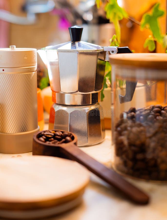 Ingredients for Making Coffee. Moka Coffee Maker, Coffee Grinder with ...