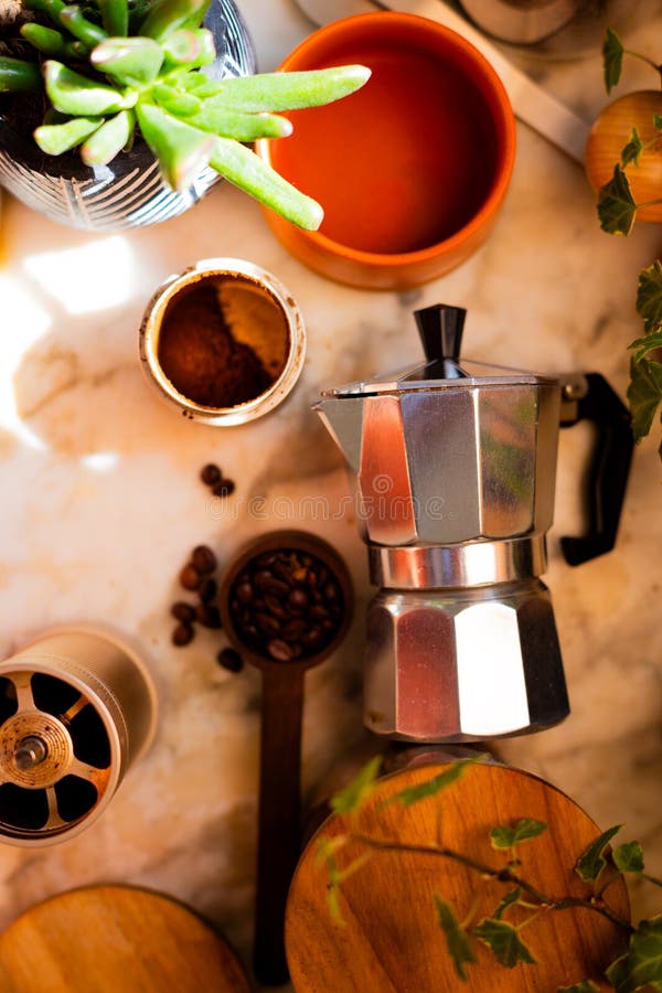 Ingredients for Making Coffee. Moka Coffee Maker, Coffee Grinder with ...