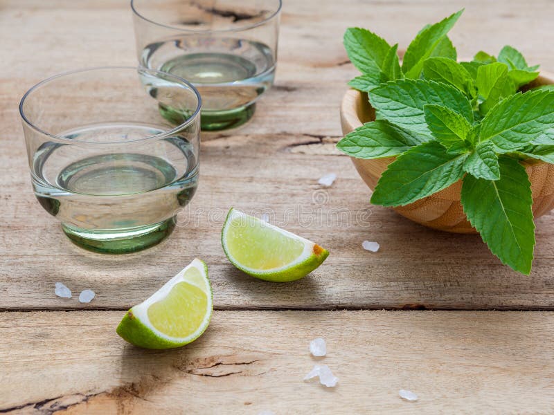 Ingredients For Making Mojitos Mint Leaves Limelemon And Vodka Stock Image Image Of Food