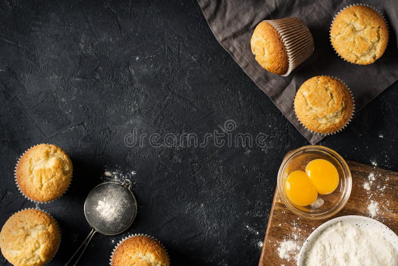 Ingredients for Making Muffins on Black Texture Stock Image - Image of ...