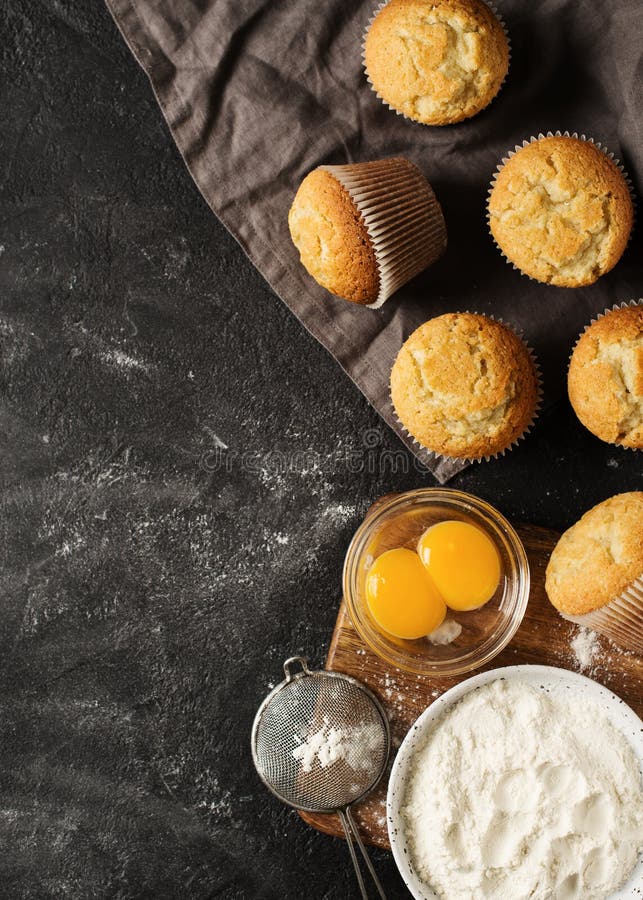 Ingredients for Making Muffins on Black Texture Stock Image - Image of ...