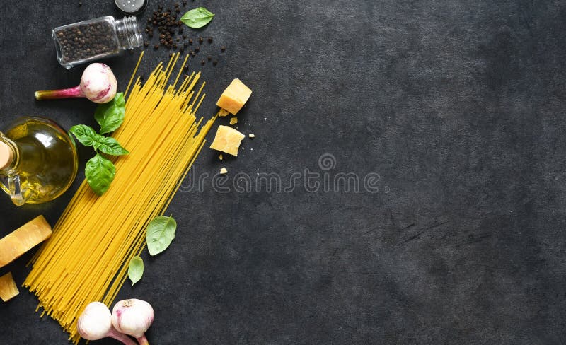 Ingredients for Making Pasta. Raw Spaghetti with on a Black Background ...